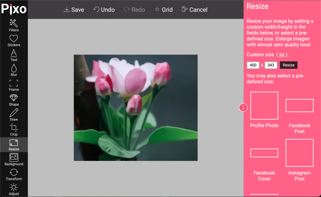 Resizing images – Pixo Image Editor